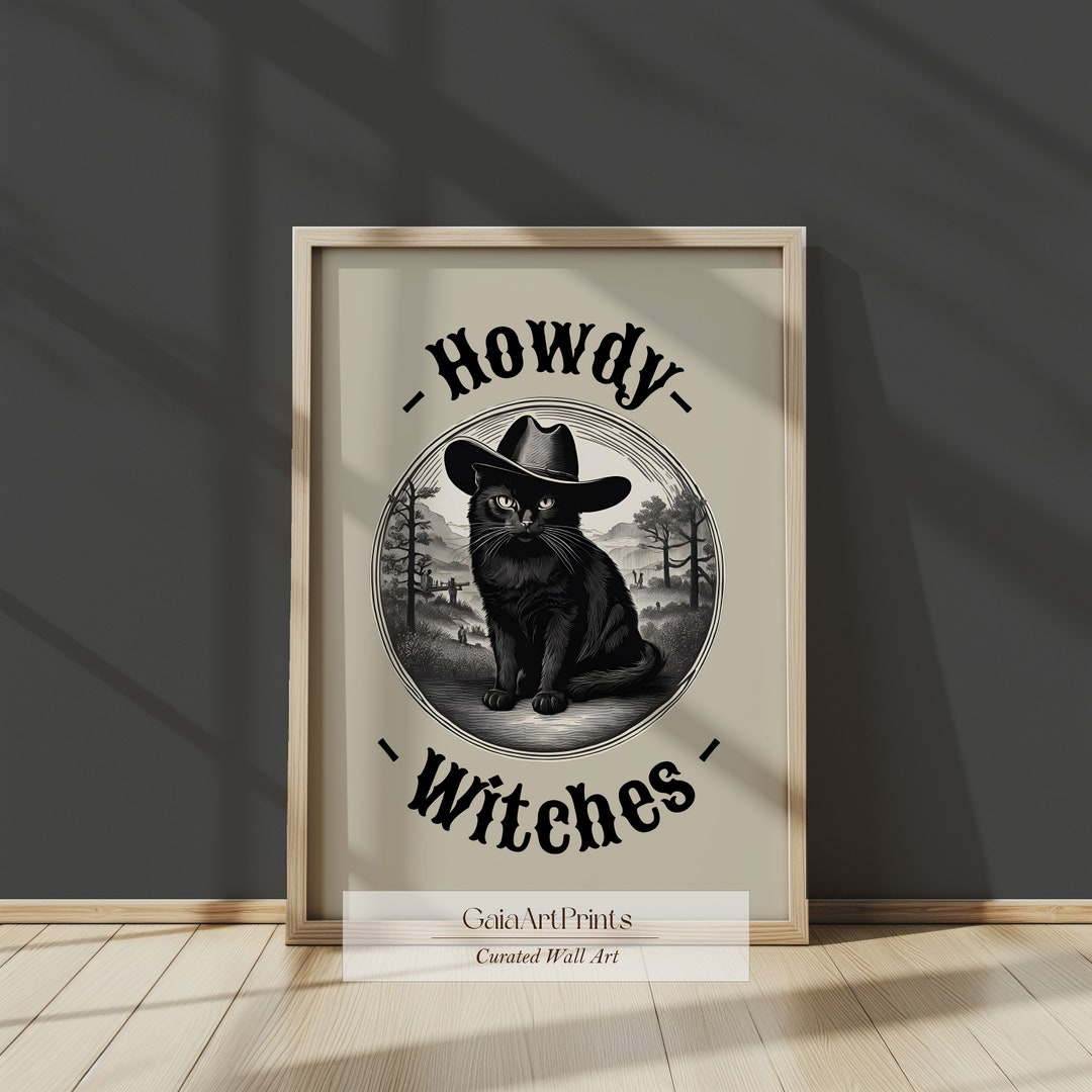 Vintage Black Cat Cowboy Hat Print | Howdy Witches | Halloween Western ...