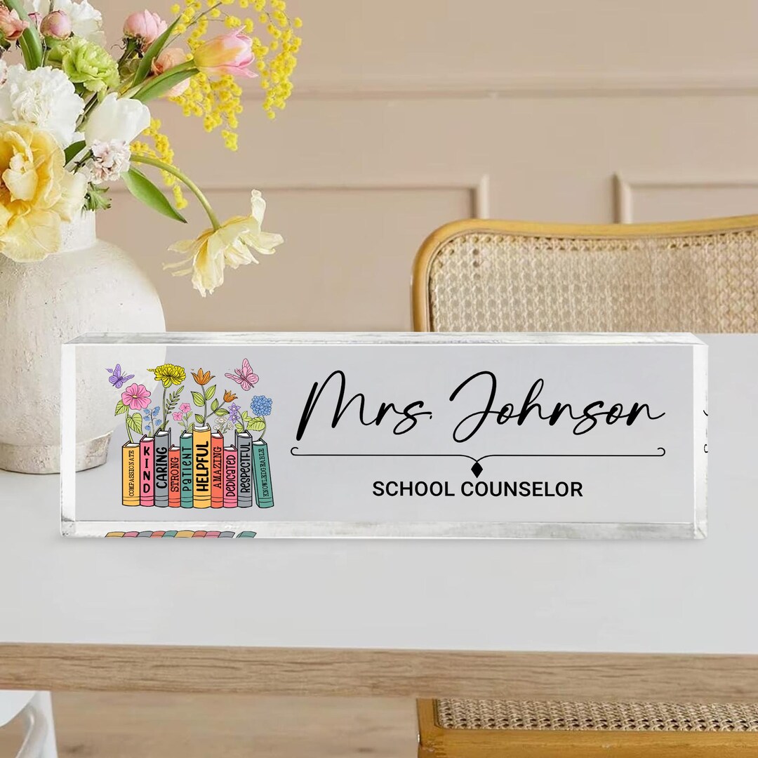 Custom Counselor Desk Name Plate, Groovy Floral Book Style Office Sign ...