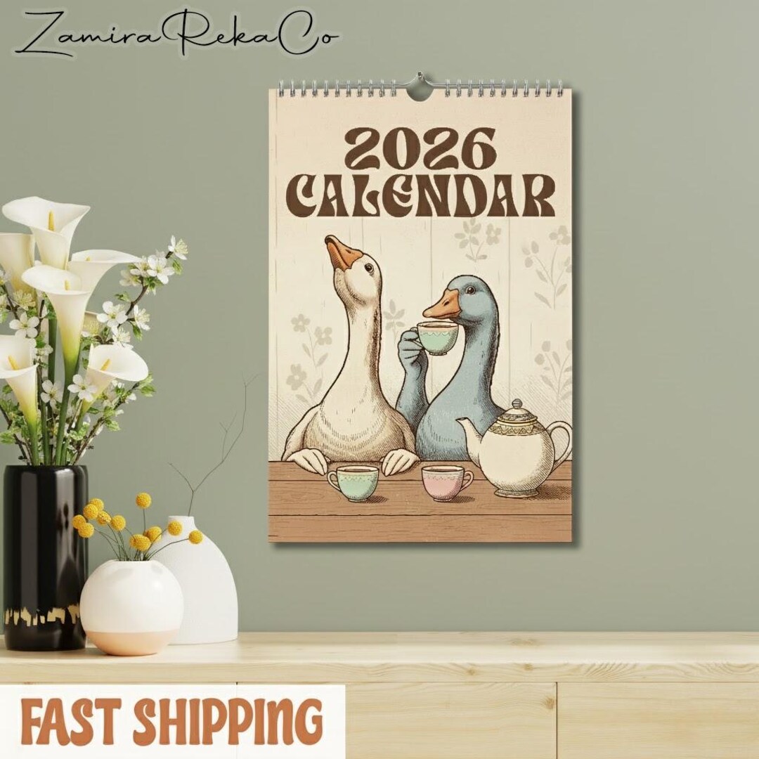 Goose With Tea Calendar 2026 | Cute Cottagecore Goose Wall Calendar ...