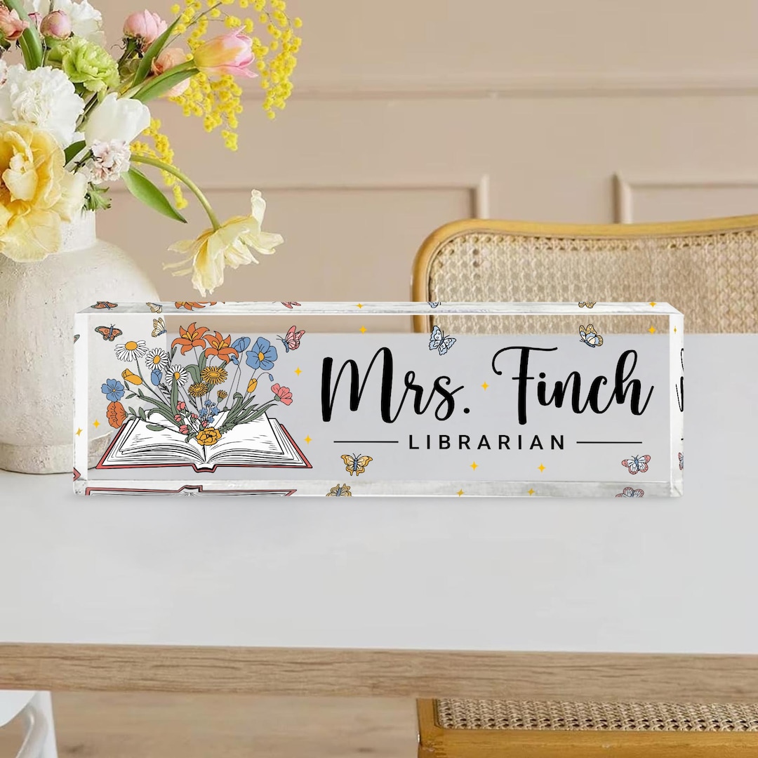 Custom Librarian Desk Name Plate, Personalized Floral Book Name Tag ...