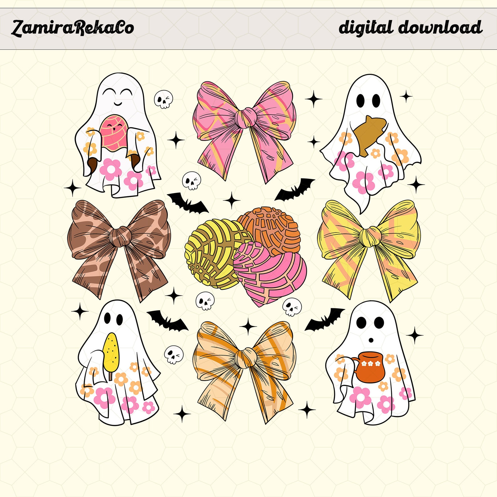Coquette Spooky Conchas PNG, Mexican Conchas Ghost, Coquette Bow ...