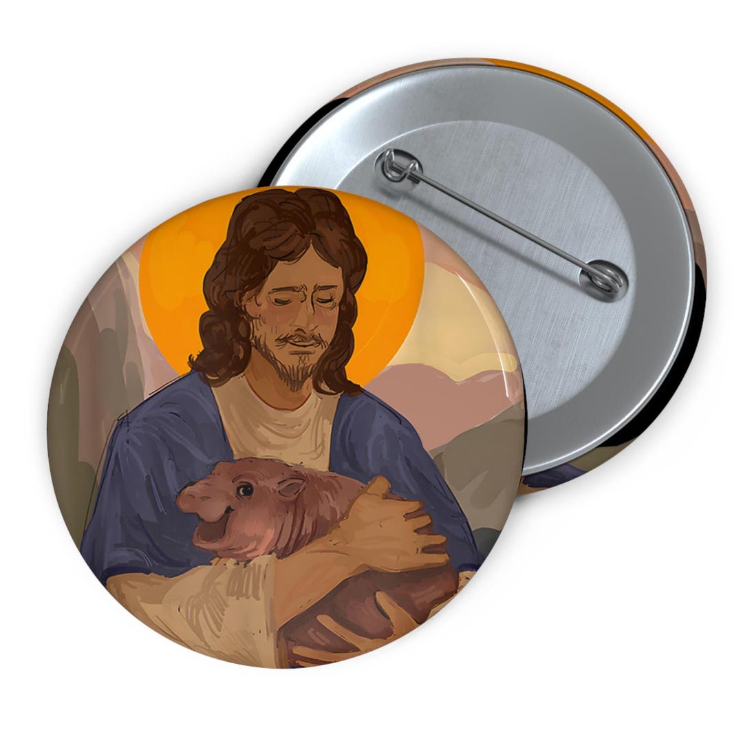 Funny Meme 3 Sizes Pin Button, Jesus Holding Moo Deng the Hippo Joke ...