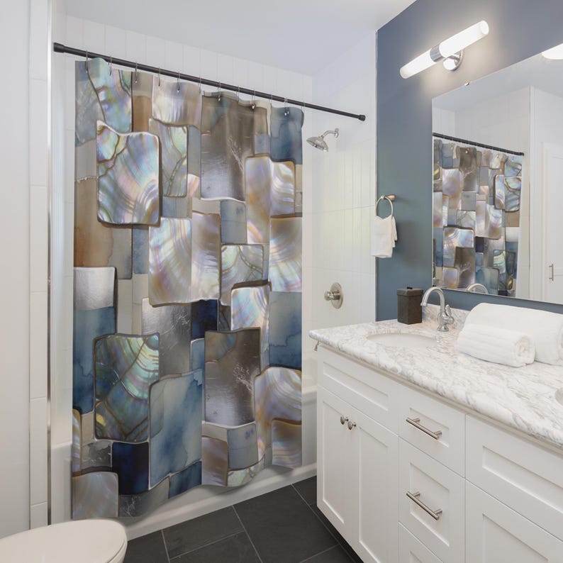 Iridescent Mother of Pearl Tile Shower Curtain | Blue Gray Mosaic ...