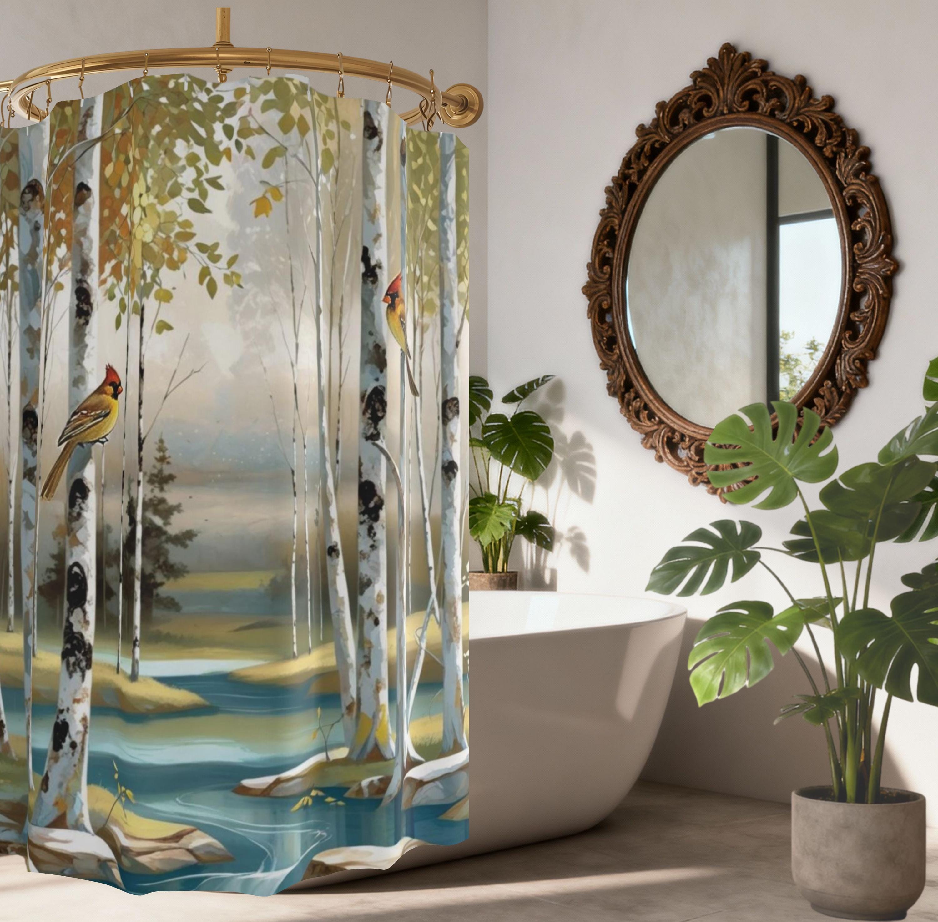 Cardinal Birds in Birch Forest Shower Curtain | Woodland Stream ...