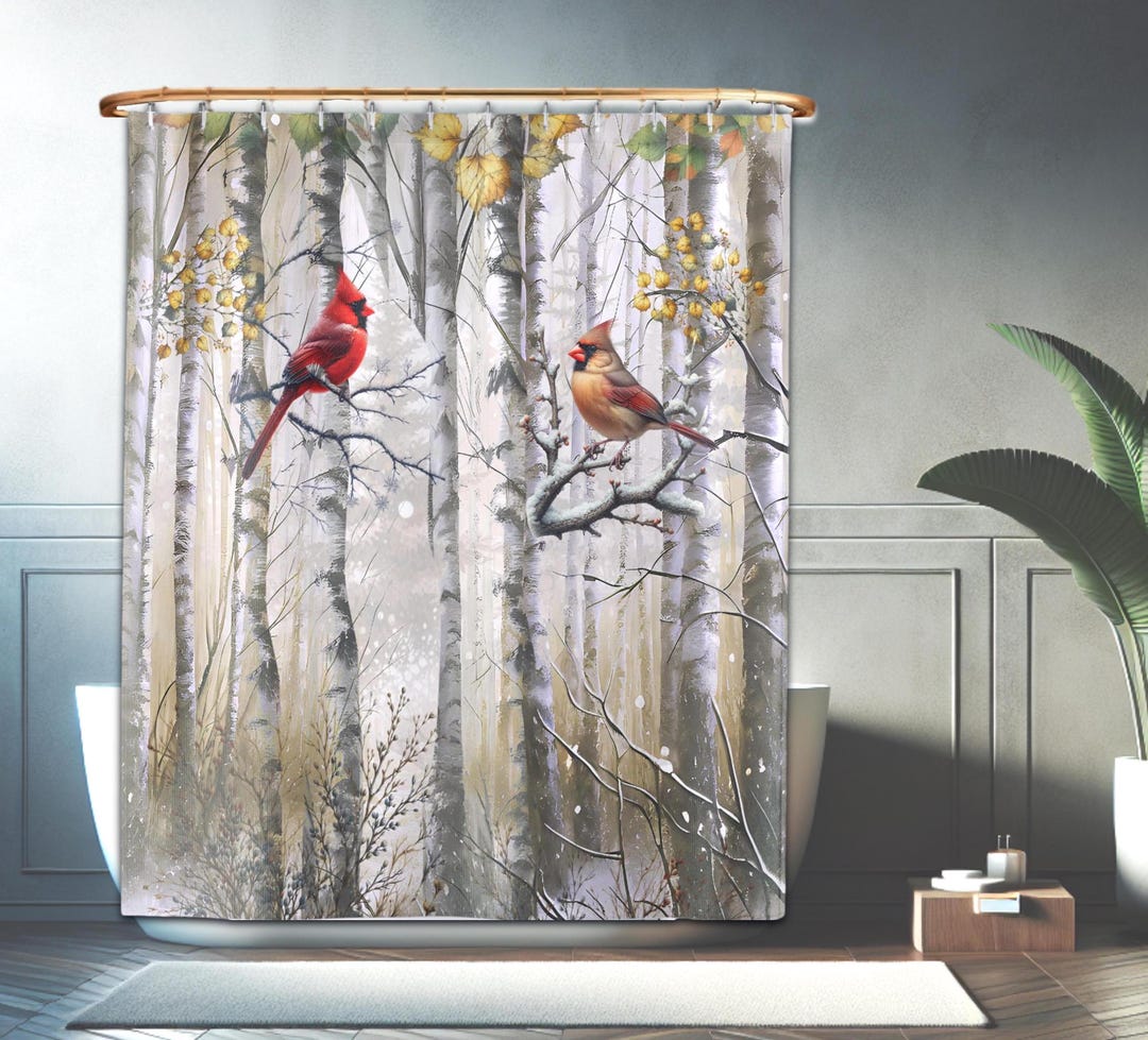 Cardinals Shower Curtains, Birch Trees Shower Curtain Red Cardinals ...