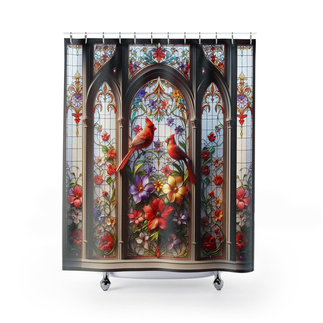 Stained Glass Window Shower Curtain, Red Cardinals, Floral Curtain ...