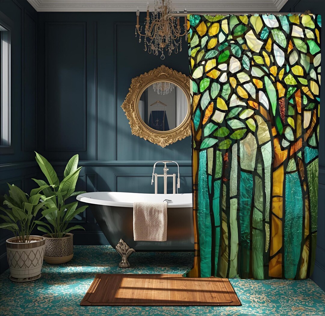 Green Stained Glass Birch Tree Forest Shower Curtain: Watercolor Art - Etsy