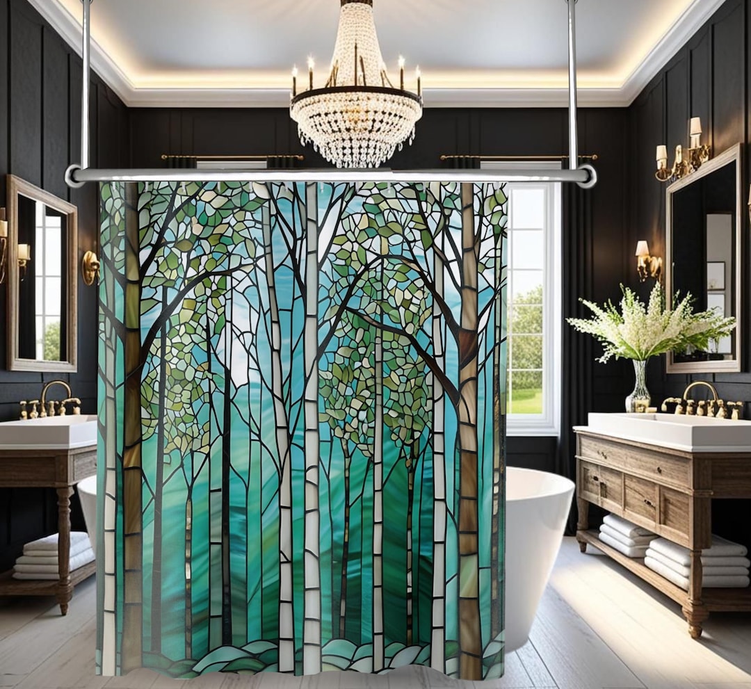 Stained Glass Birch Tree Forest Shower Curtain: Teal-green Nature Decor ...