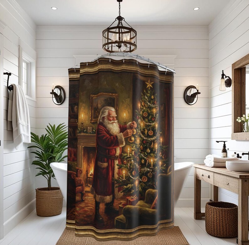 Santa Decorating Christmas Tree Shower Curtain | Vintage Holiday ...