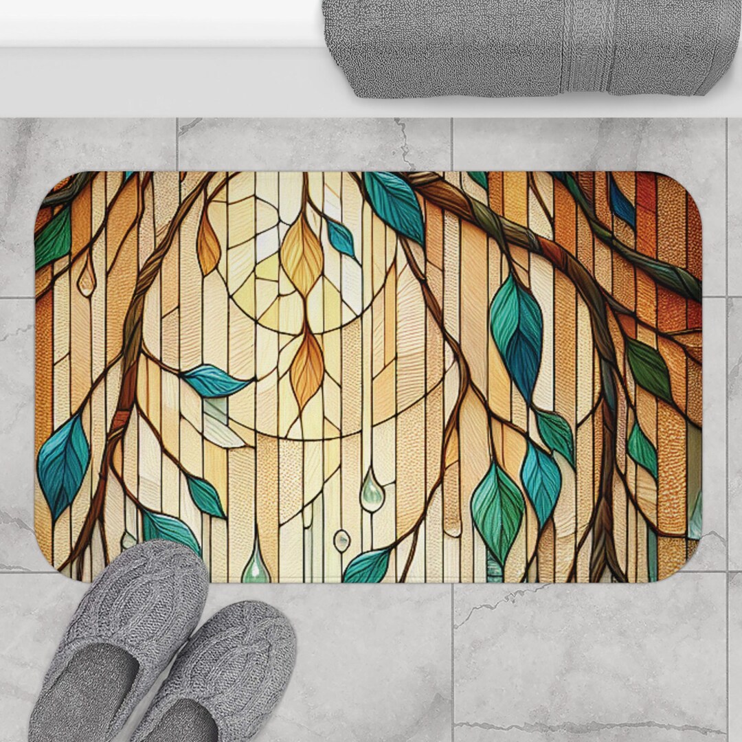 Stained Glass Willow Tree Bath Mat: Teal & Amber Botanical Design - Etsy
