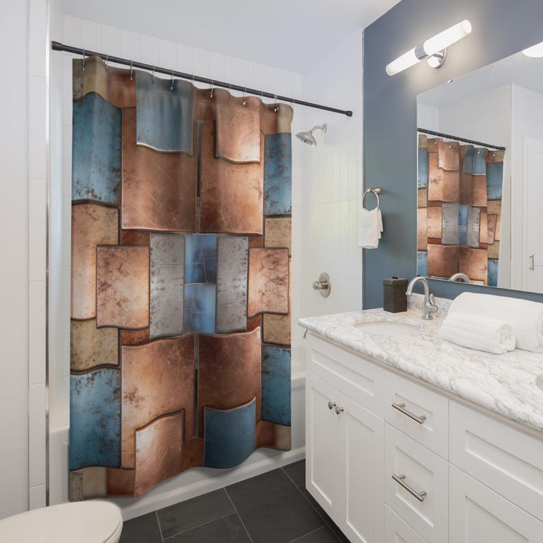 Rustic Metal Tiles Shower Curtain | Industrial Geometric Bathroom Decor ...
