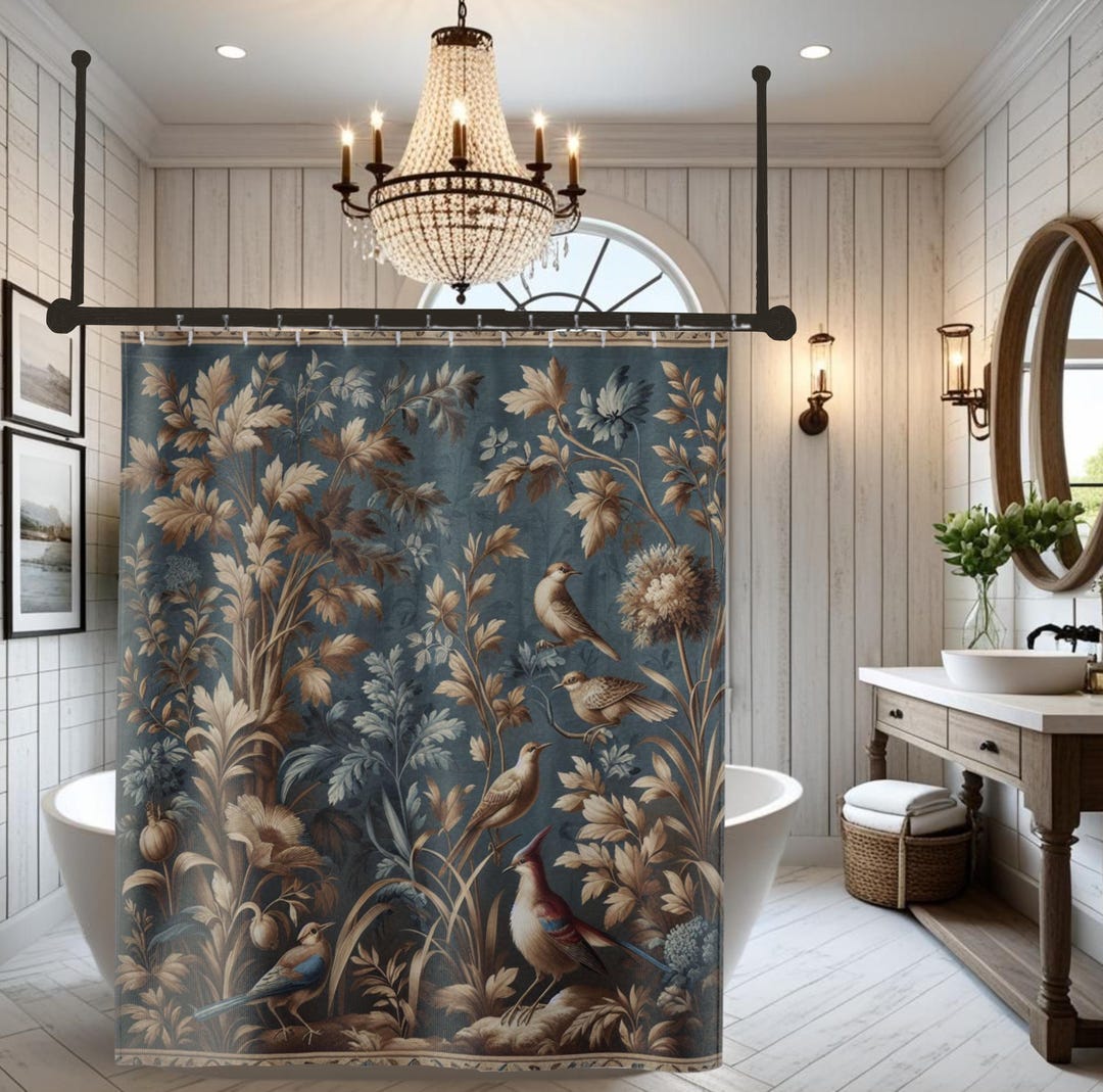 Blue Nature Print and Birds Shower Curtain Earth Tones Botanical ...