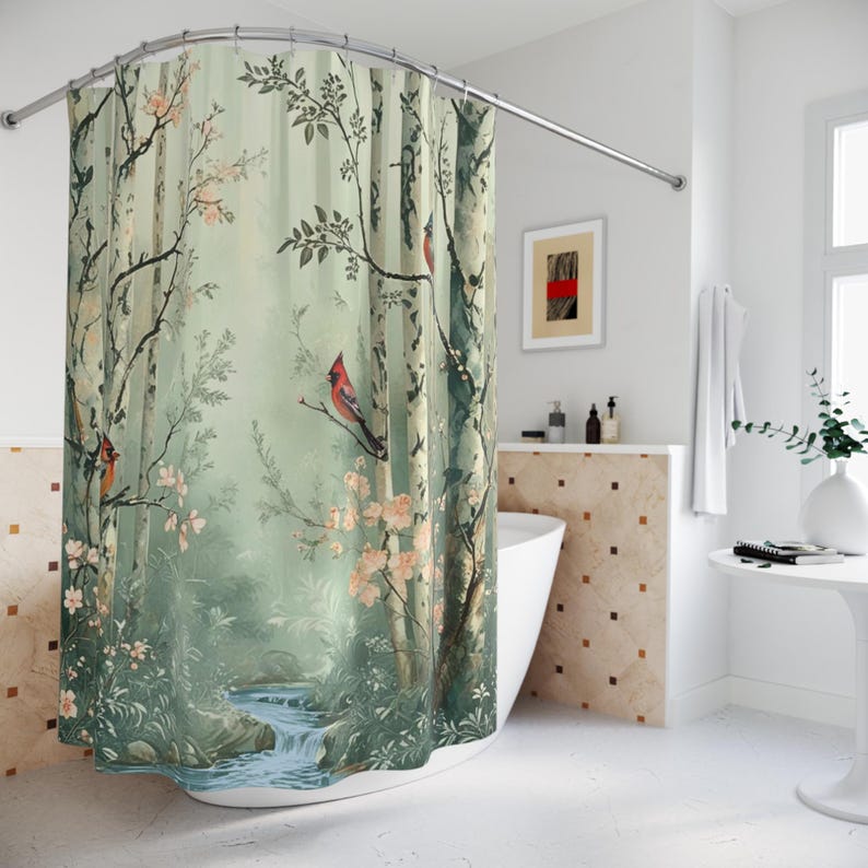 Cardinal Birds Forest Scene Shower Curtain | Woodland Stream, Botanical ...