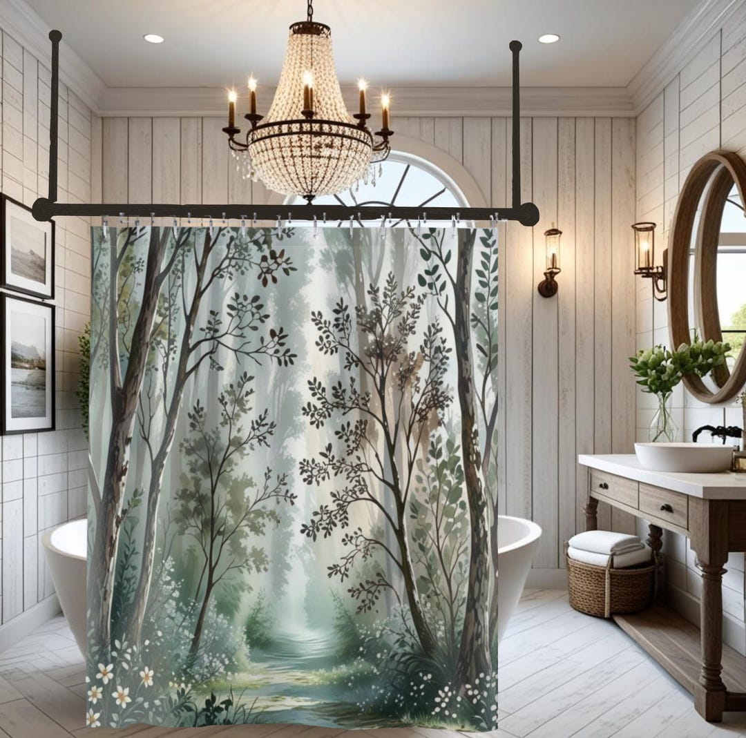Misty Forest Path Shower Curtain | Woodland Trees, Soft Green I Earth ...