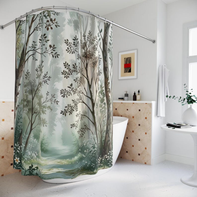 Misty Forest Path Shower Curtain | Woodland Trees, Soft Green I Earth ...