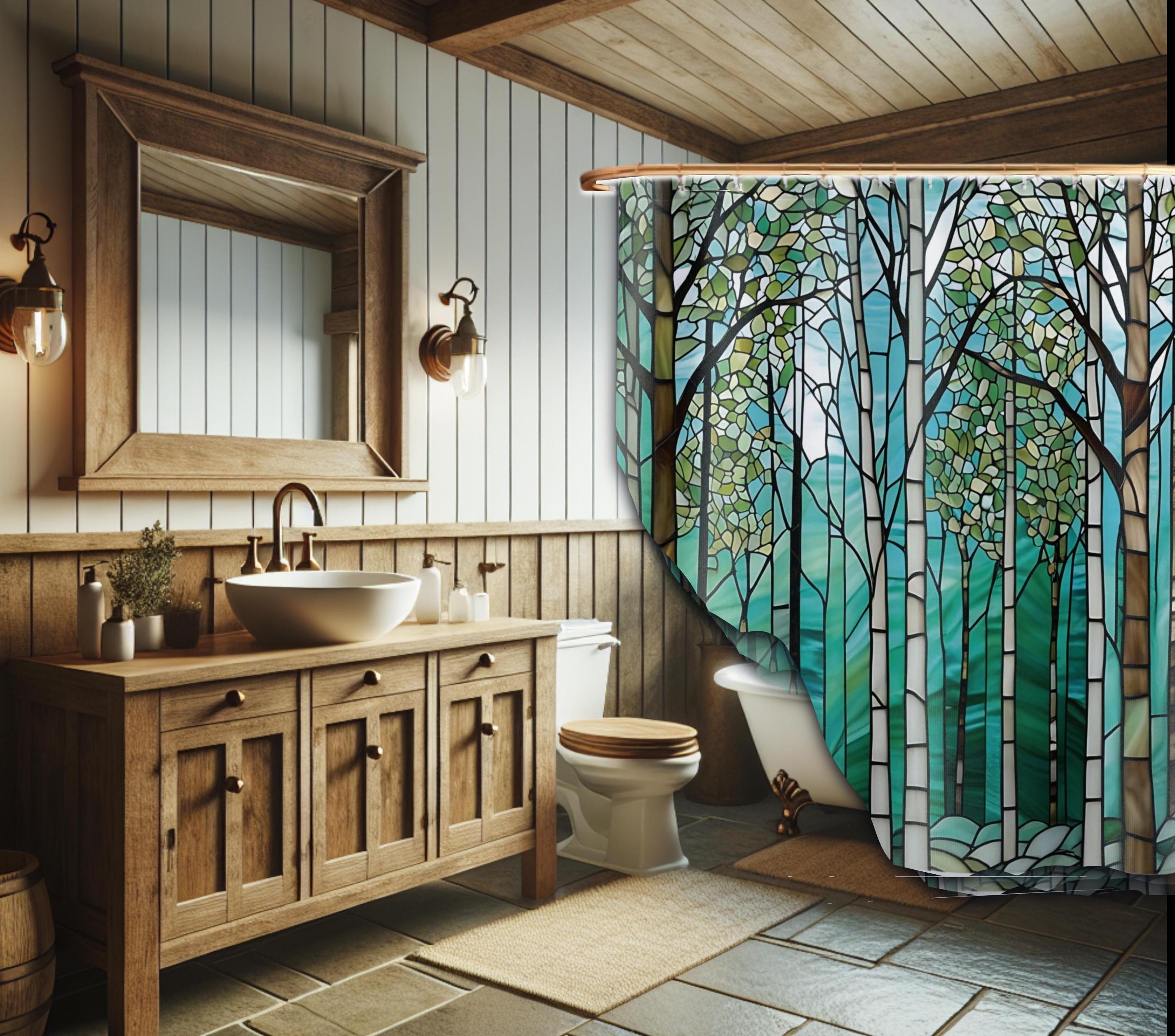 Stained Glass Birch Tree Forest Shower Curtain: Teal-green Nature Decor ...