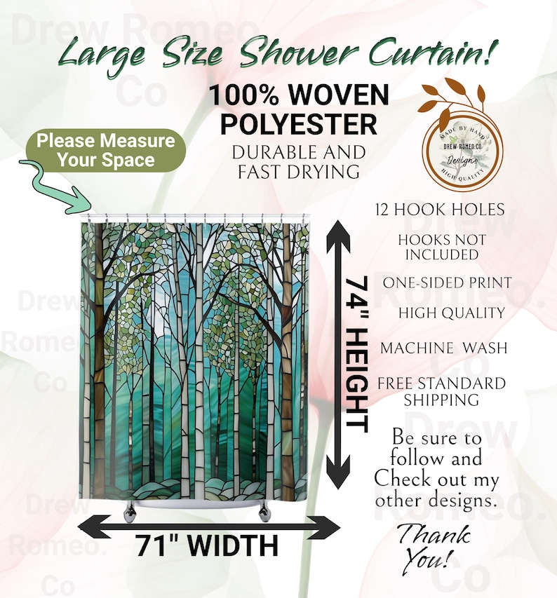 Stained Glass Birch Tree Forest Shower Curtain: Teal-green Nature Decor ...