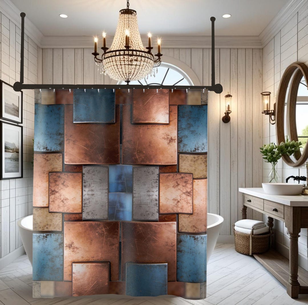 Rustic Metal Tiles Shower Curtain | Industrial Geometric Bathroom Decor ...