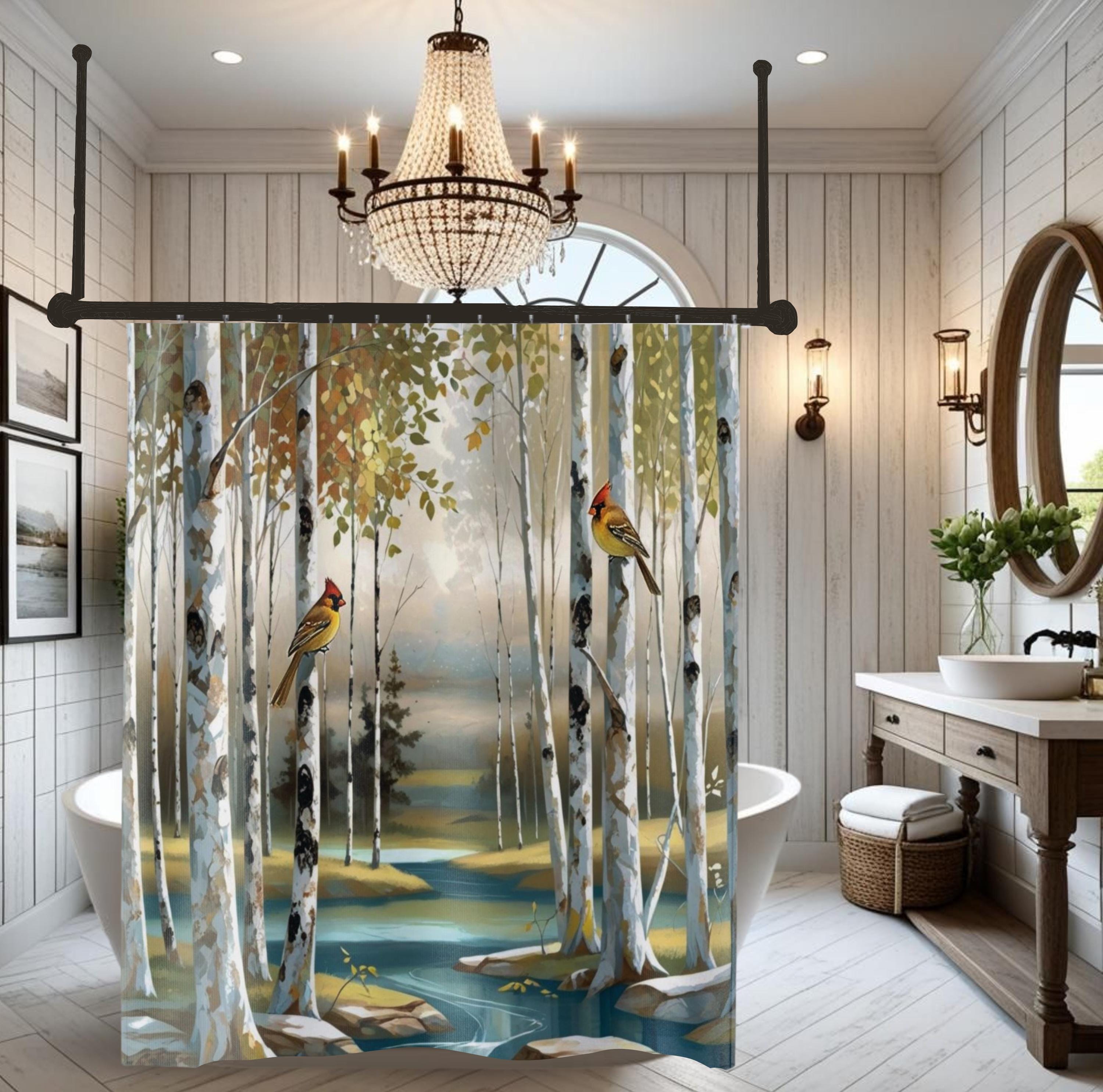 Cardinal Birds in Birch Forest Shower Curtain | Woodland Stream ...