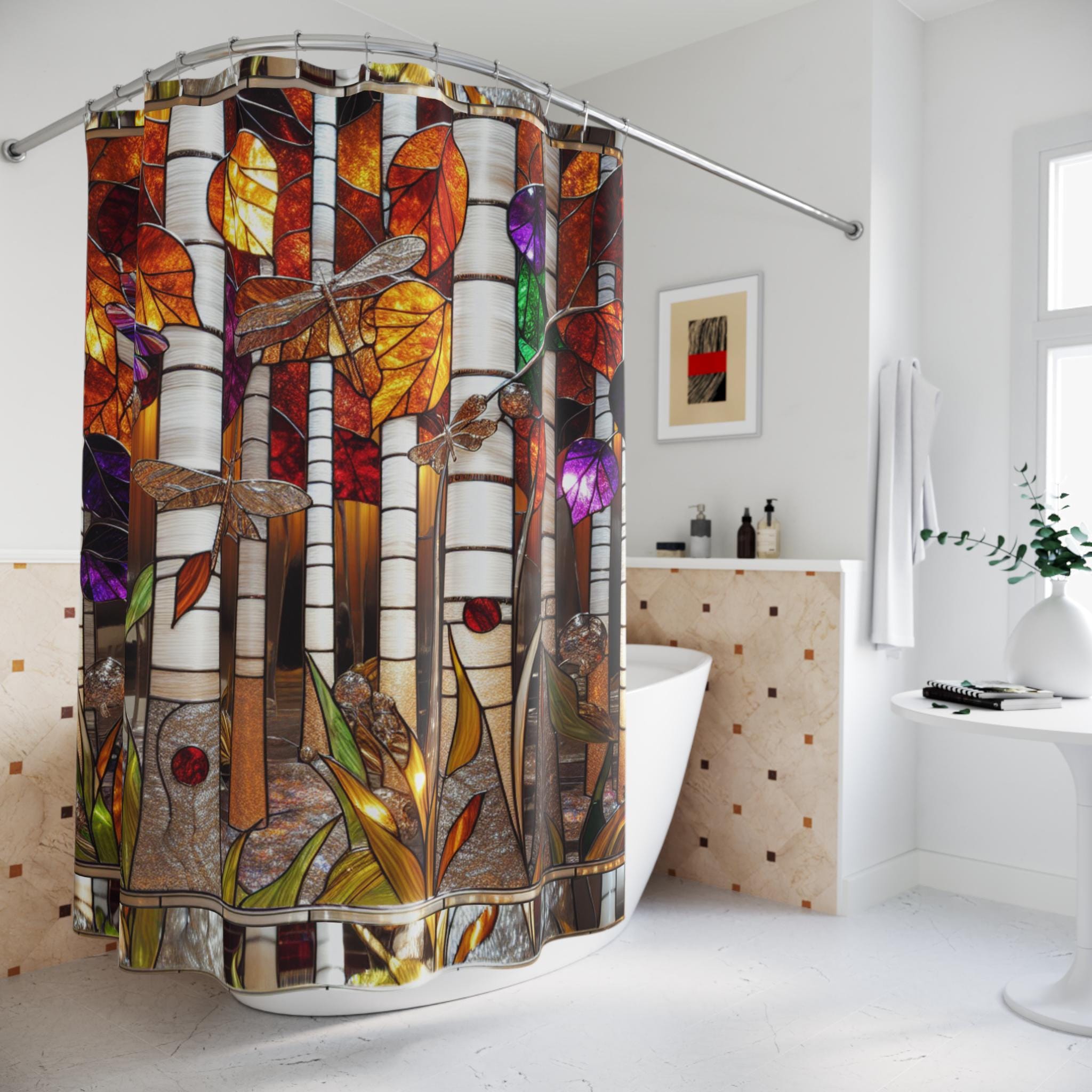 Unique Stained Glass Shower Curtain Birch Trees Forest Autumn Woodland ...