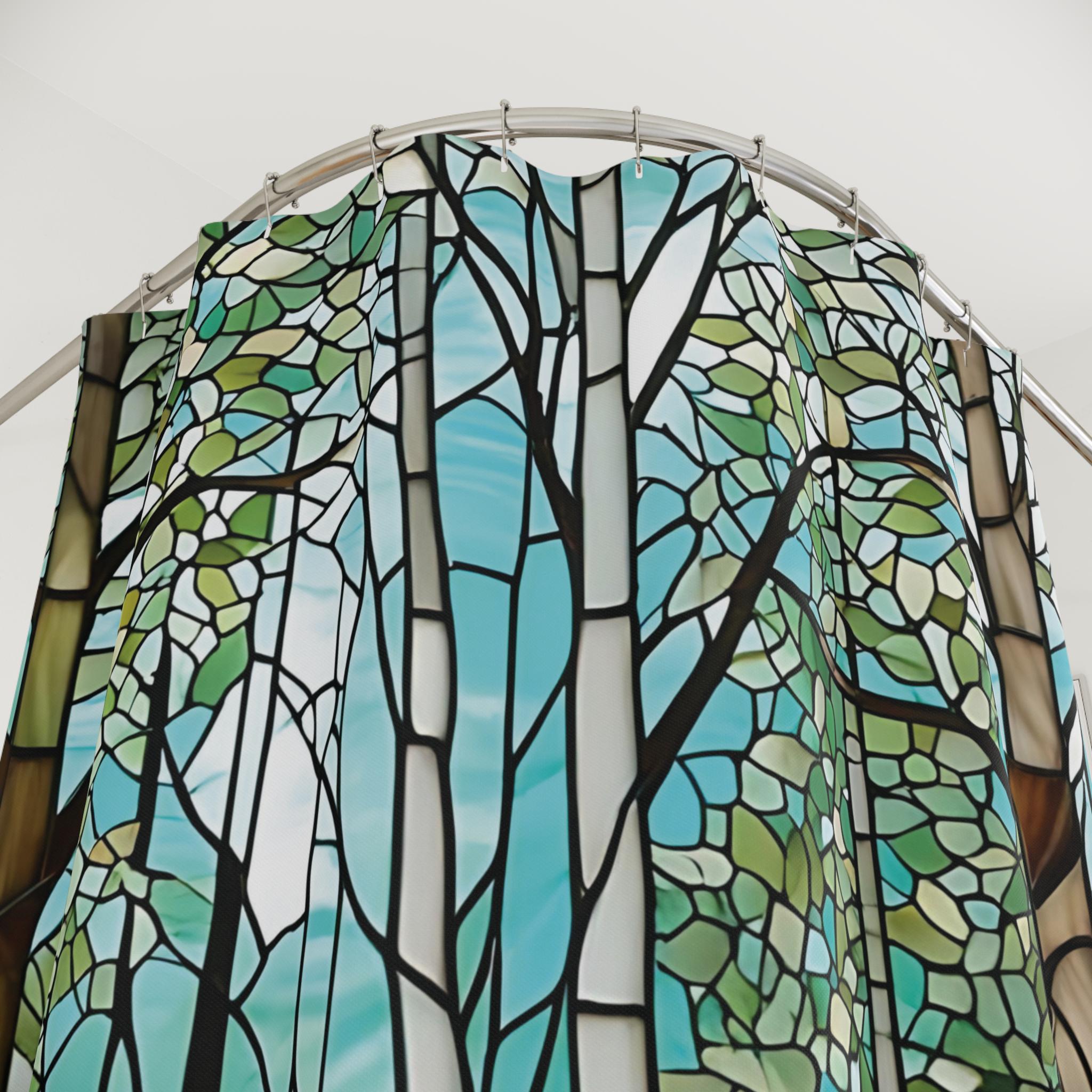 Stained Glass Birch Tree Forest Shower Curtain: Teal-green Nature Decor ...