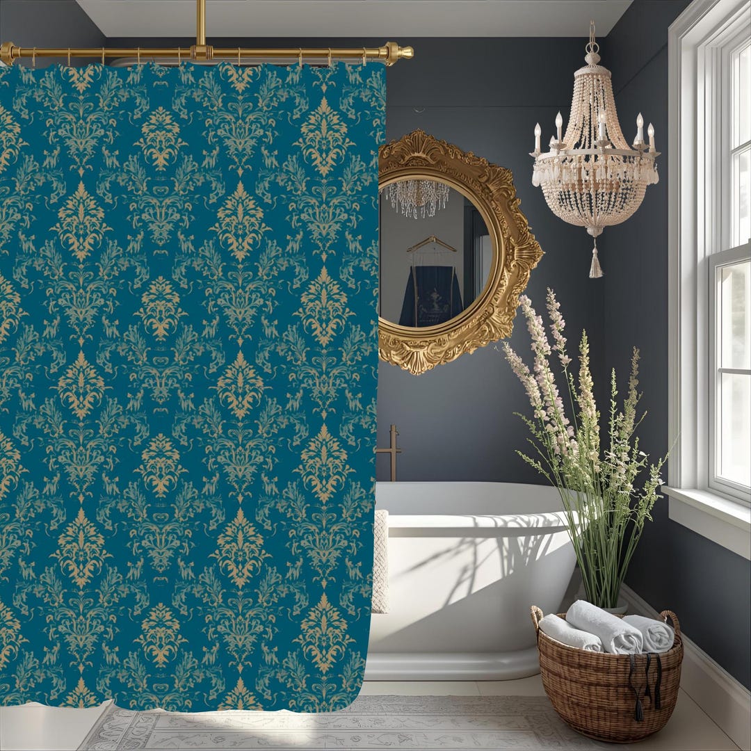 Emerald Teal and Gold Damask Floral Shower Curtain Vintage Home Decor ...