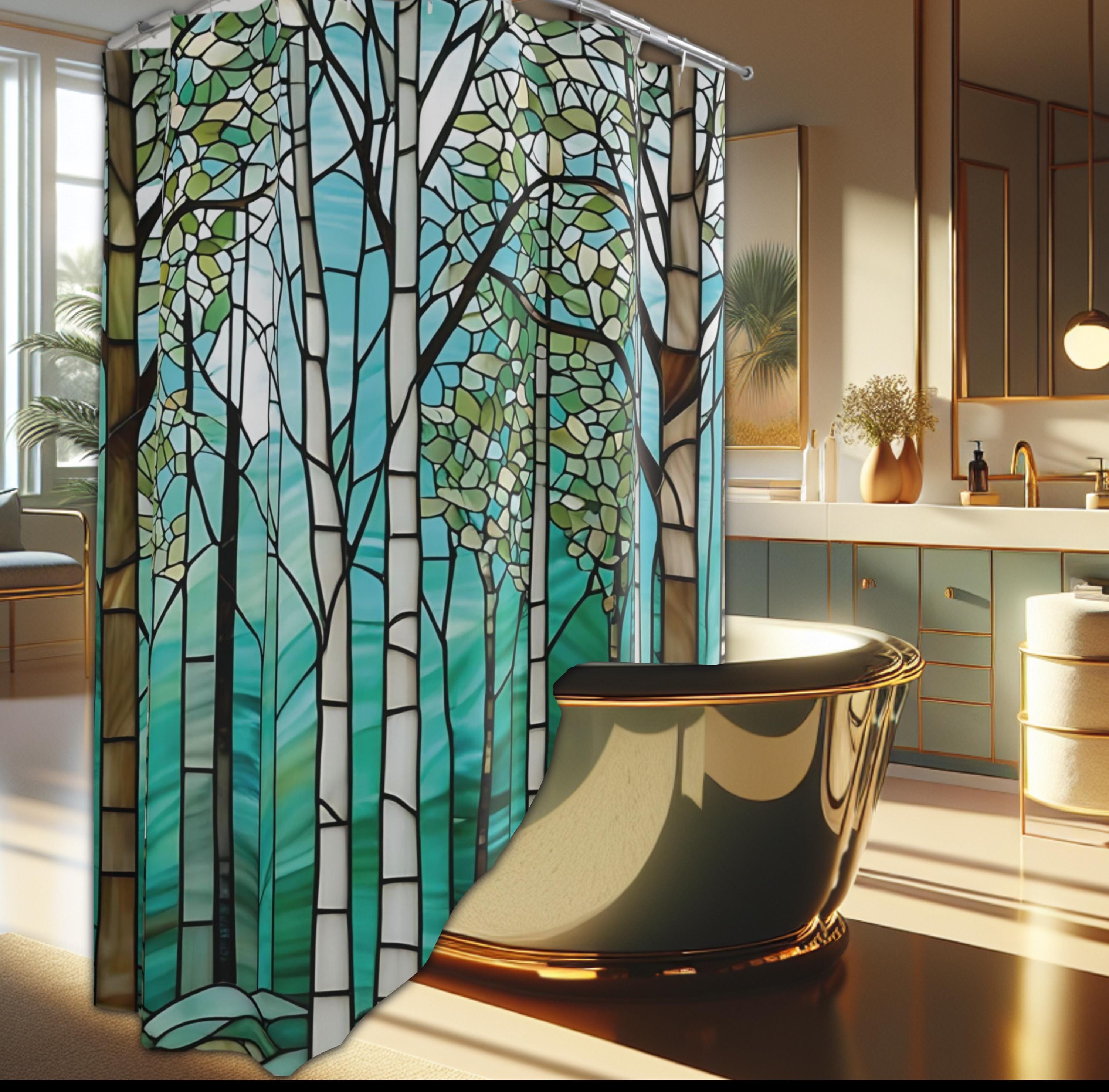 Stained Glass Birch Tree Forest Shower Curtain: Teal-green Nature Decor ...