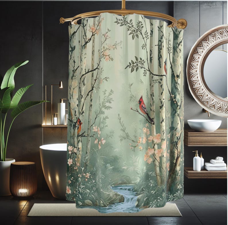 Cardinal Birds Forest Scene Shower Curtain | Woodland Stream, Botanical ...