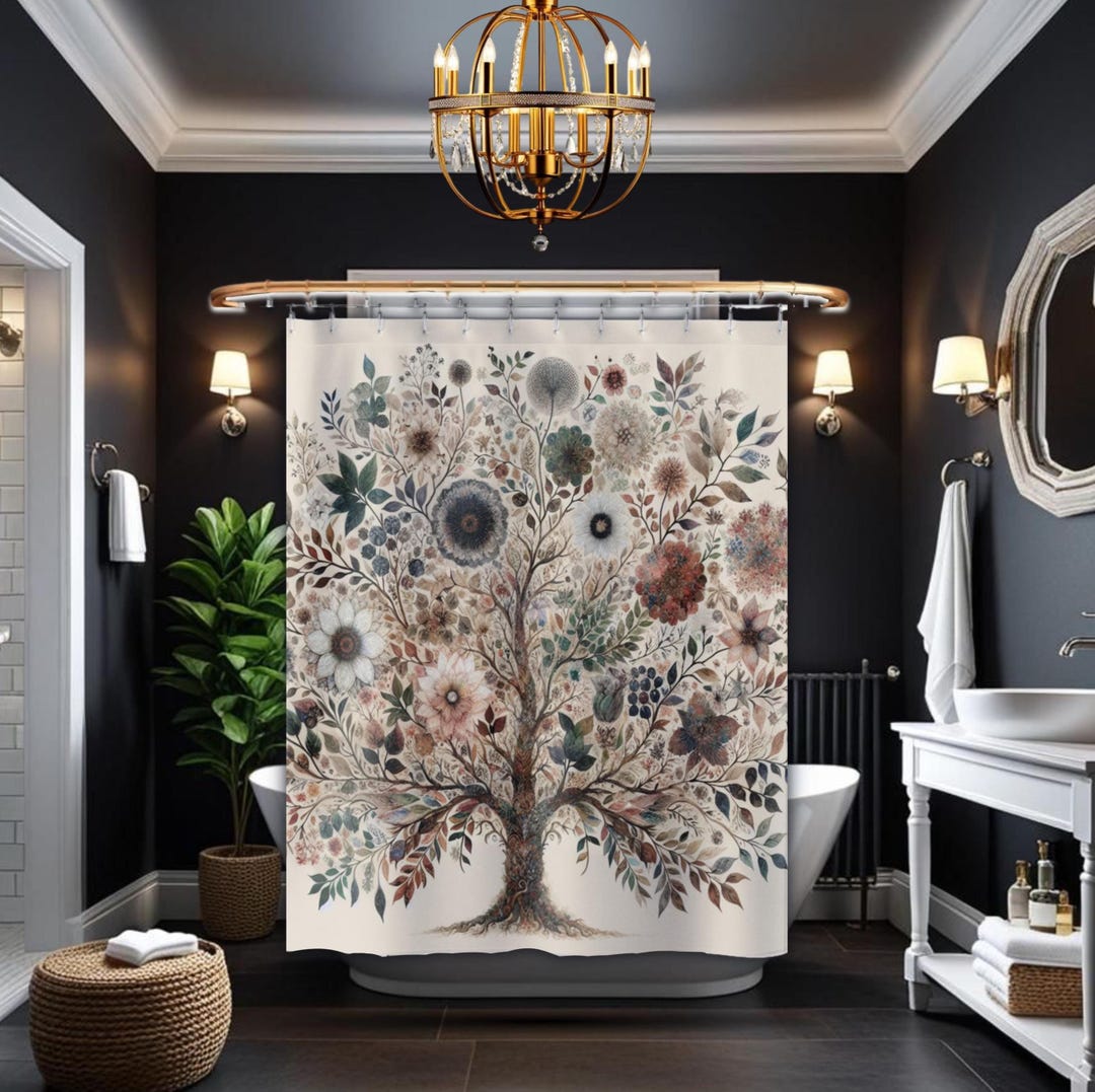 Tree of Life Shower Curtain: Faux Embroidery Watercolor Design - Etsy