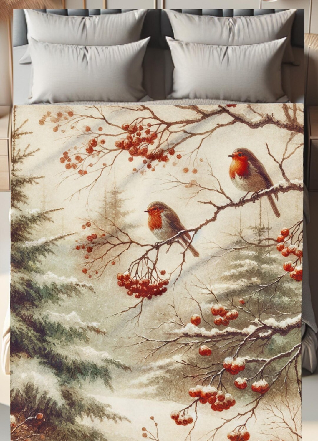 Winter Woodland Fleece Blanket: Red Robin Birds, Evergreen Trees - Etsy