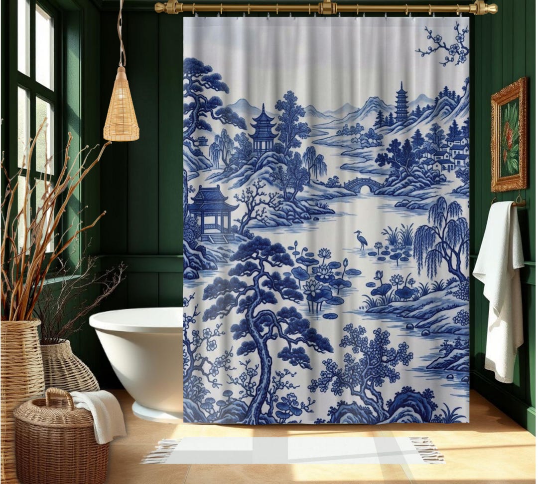 Blue Chinoiserie Landscape Shower Curtain | Chinese Pagoda Scenic ...