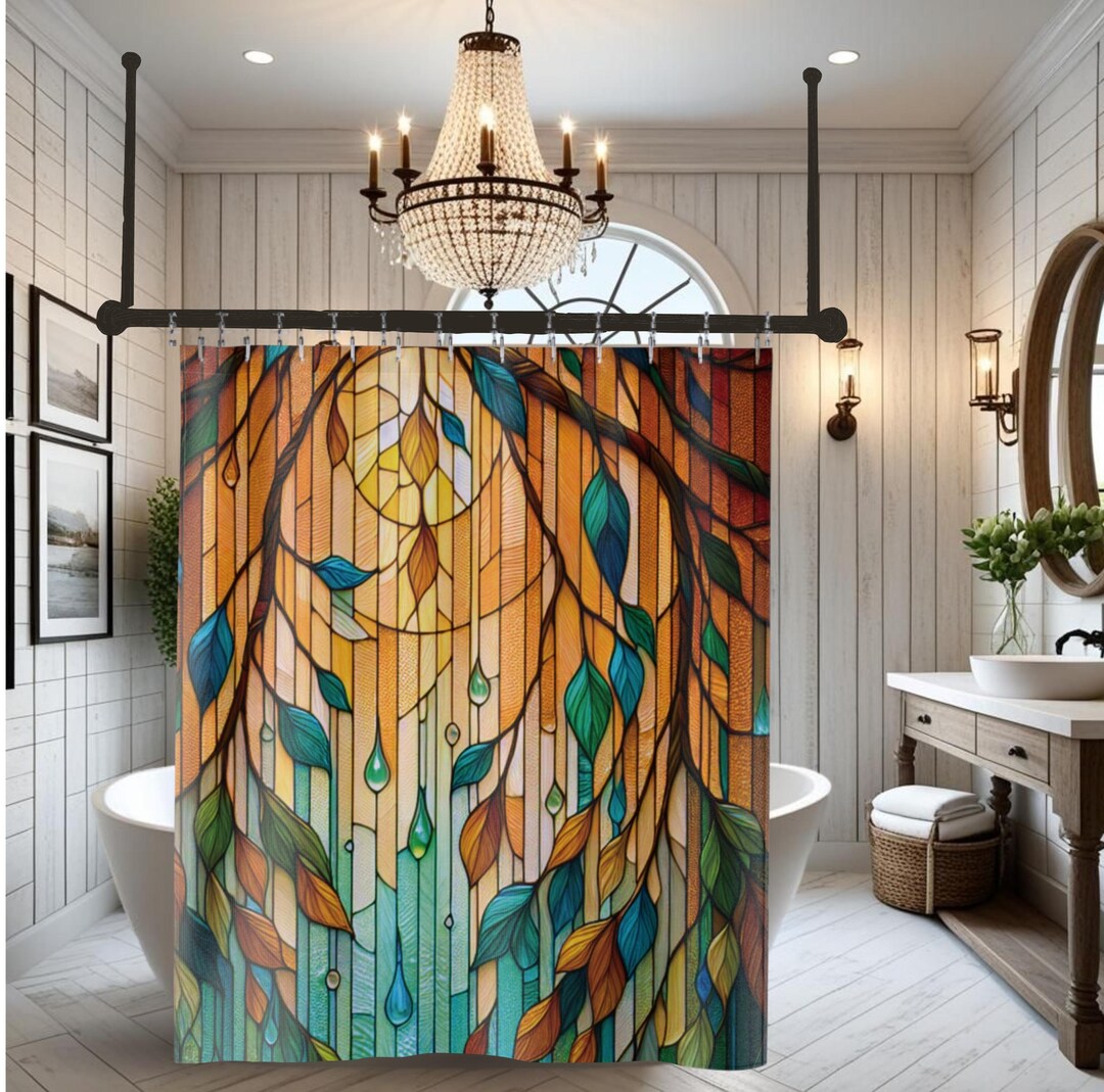 Stained Glass Willow Tree Shower Curtain: Watercolor Botanical Bath ...