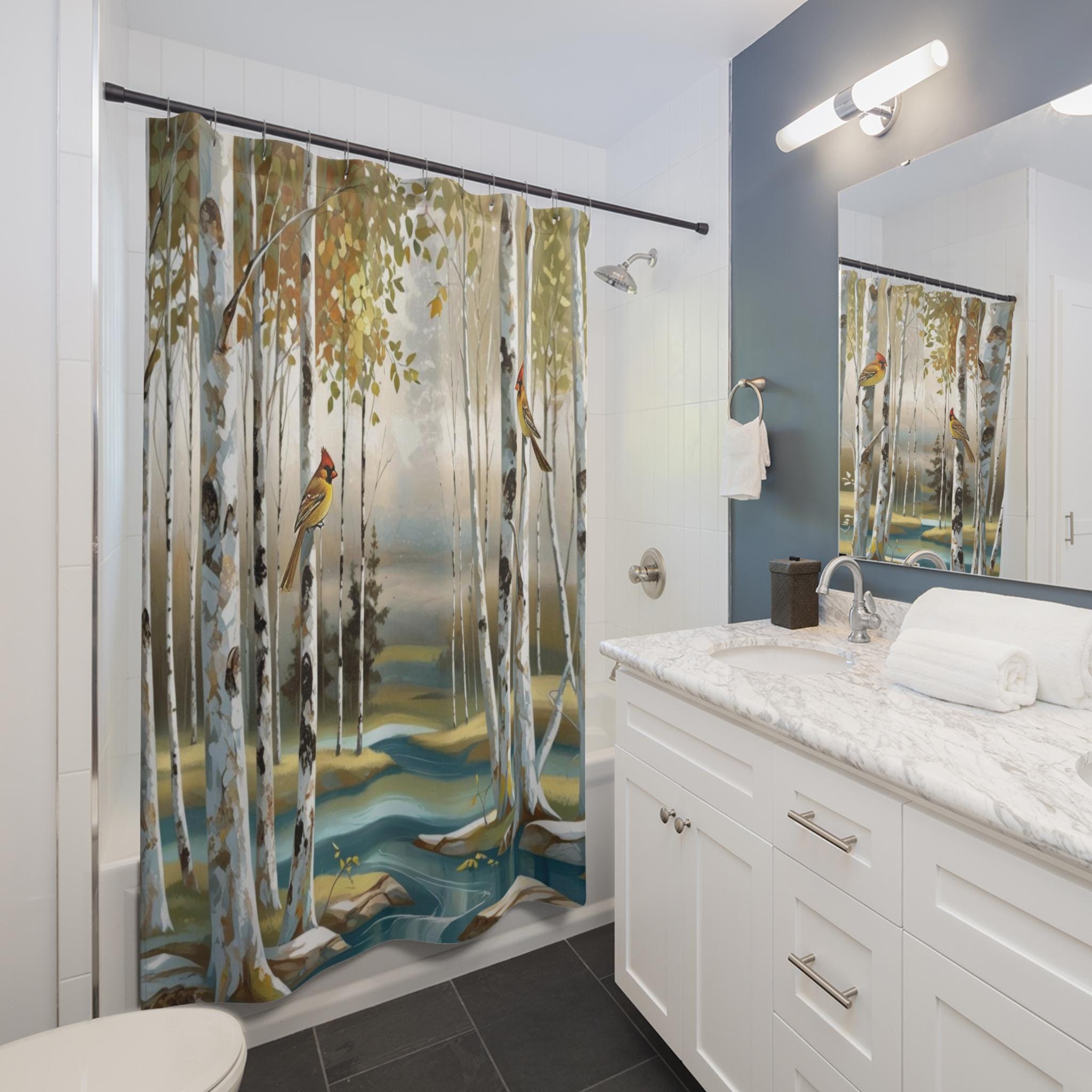 Cardinal Birds in Birch Forest Shower Curtain | Woodland Stream ...