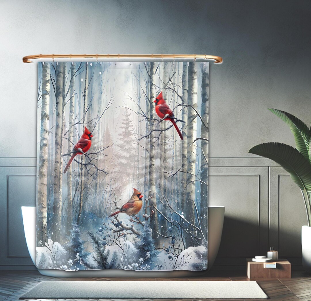 Cardinal Birds Shower Curtain: Winter Birch Forest Bathroom Decor - Etsy