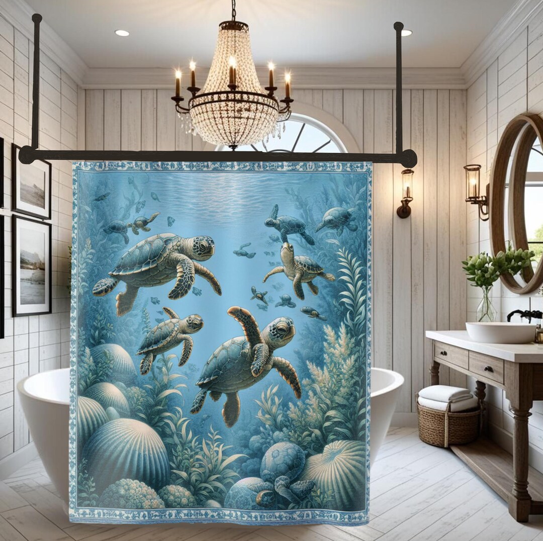 Sea Turtles Shower Curtain: Oceanic Underwater Scene, Beach Bathroom ...