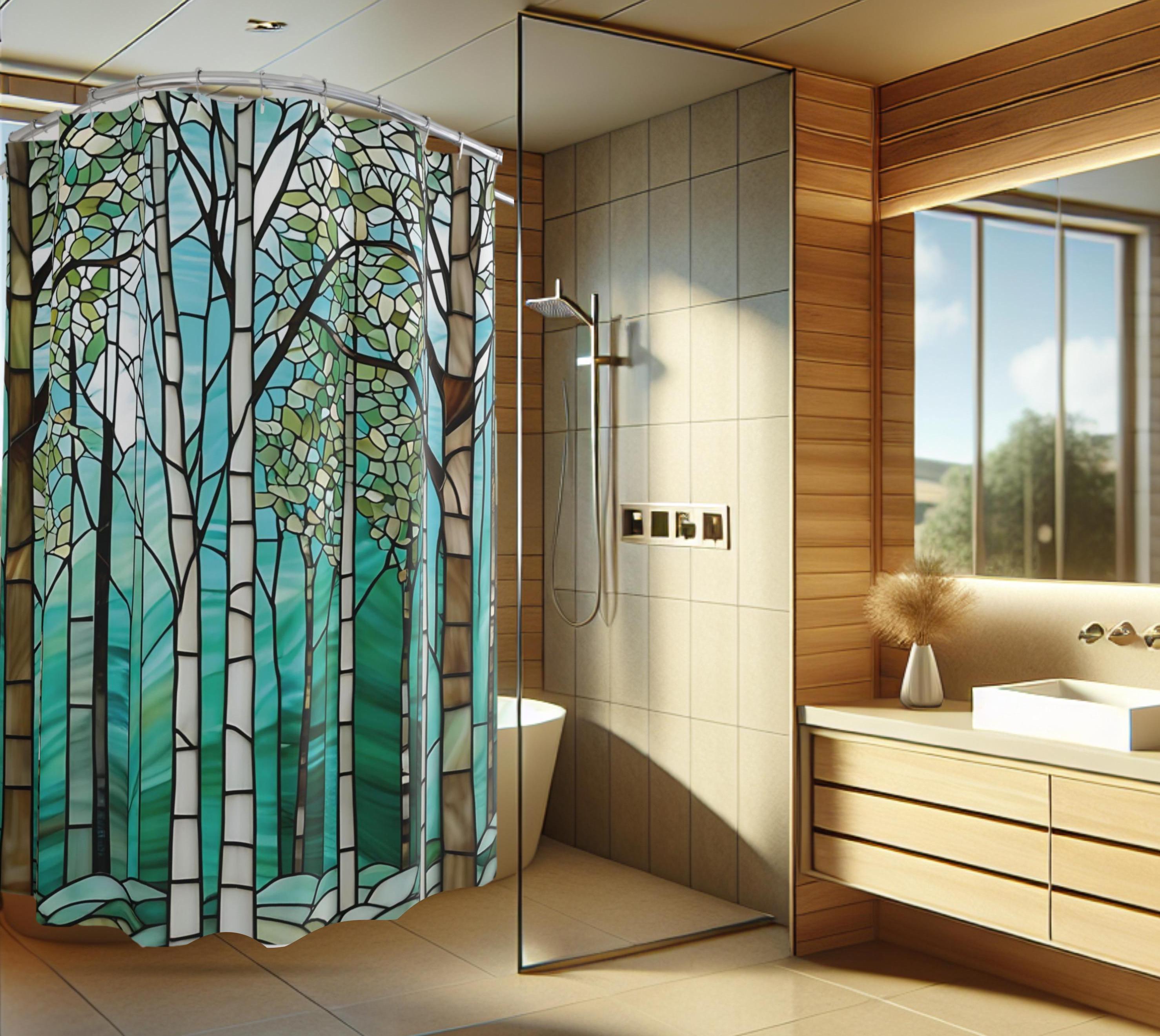 Stained Glass Birch Tree Forest Shower Curtain: Teal-green Nature Decor ...