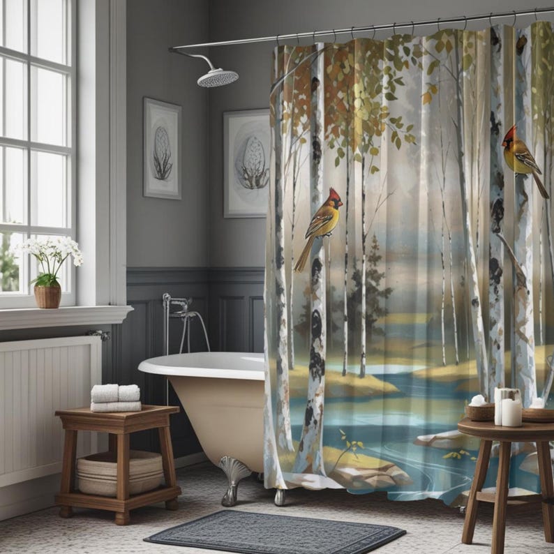 Cardinal Birds in Birch Forest Shower Curtain | Woodland Stream ...