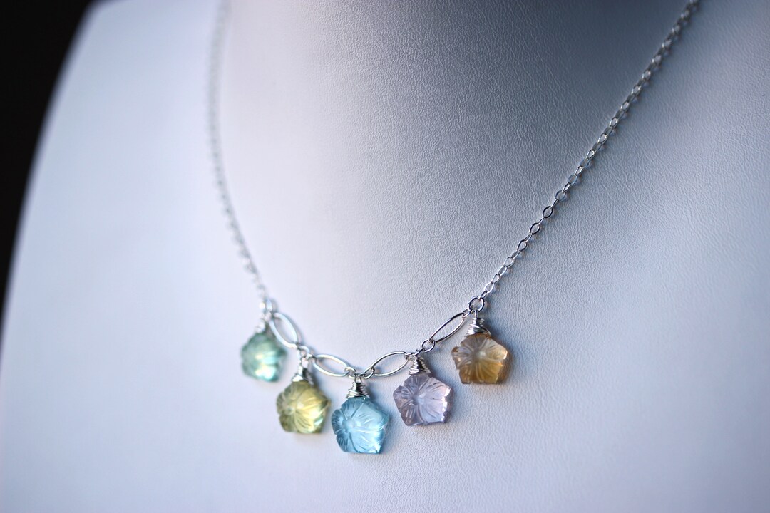 Blue Topaz Flower Necklace, Carved Flower Multi Gemstone Necklace, Wire ...