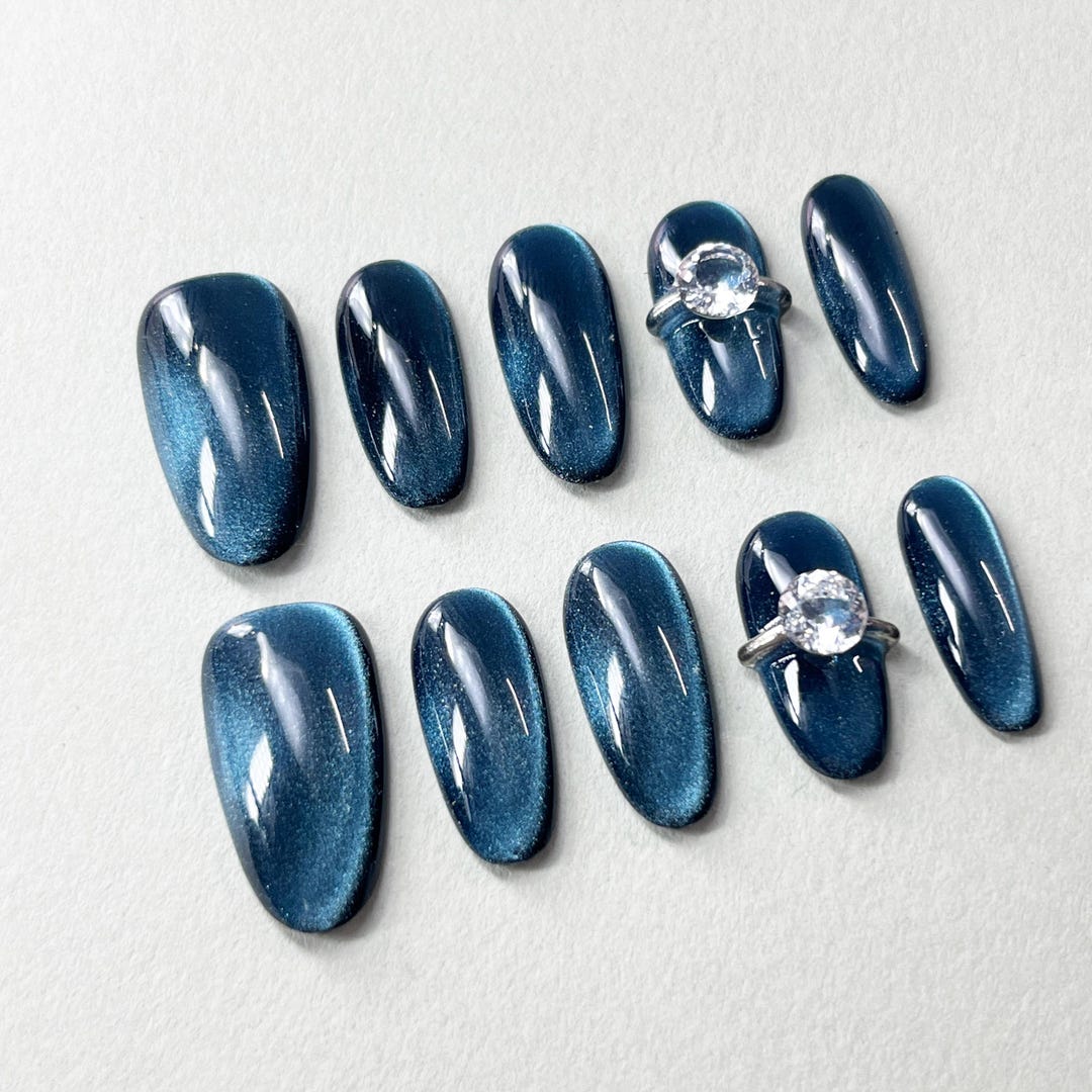 Luxury Sapphire Blue Cat's Eye Gel Nails | 100% Handmade Nails | Press ...