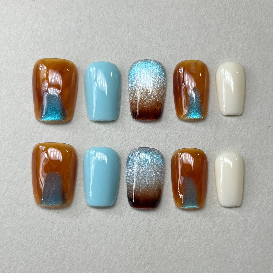 Luxury Desert Sunset Blue Orange Press-on Nails, Hand Painted Gel Nails ...