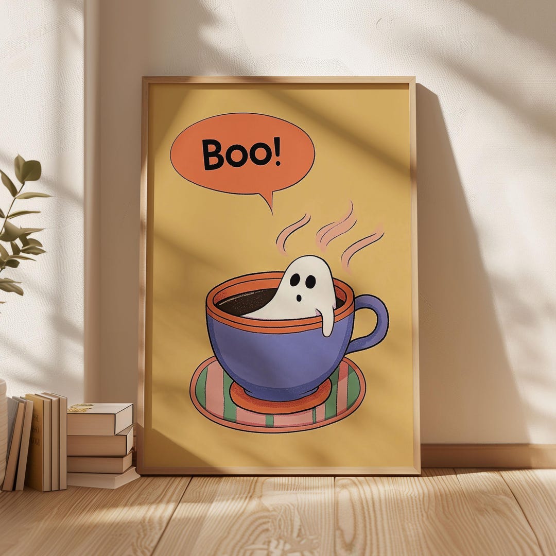 Coffee Lovers Halloween Cute Ghost Art Cafe Decoration Ghost Print ...