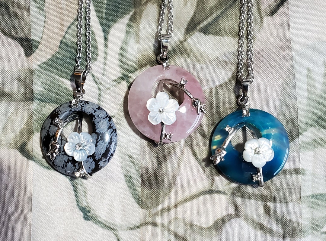 Rose Quartz Blue Agate Snowflake Obsidian Donut Flower Necklace Natural ...