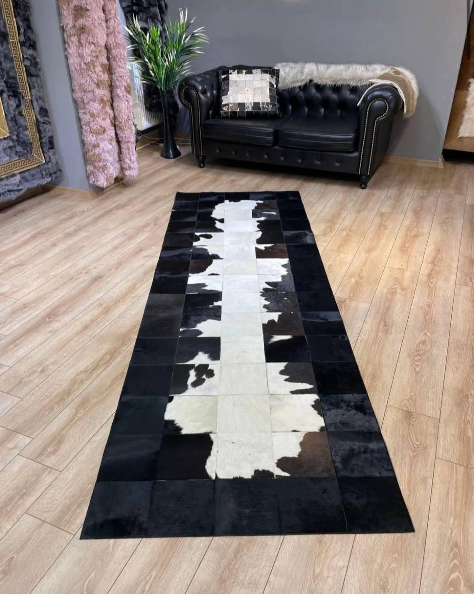 Handmade Cowhide Runner Rug, Leather Hallway Rug, Unique Brown Office ...