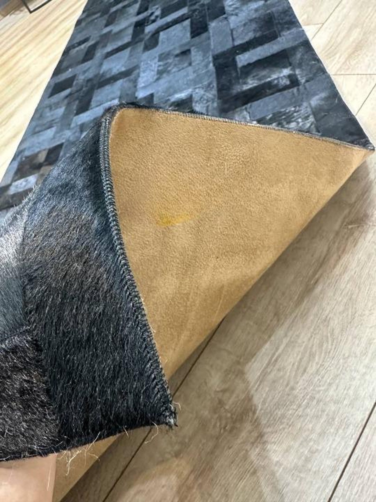 Handmade Cowhide Runner Rug | Leather Hallway Rug | Unique Black Office ...
