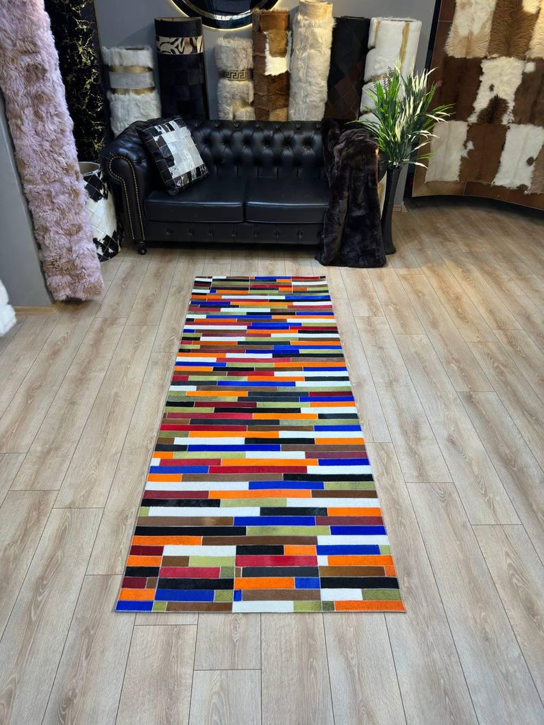 Handmade Colorful Cowhide Patchwork Rug | Bohemian Leather Area Rug - Etsy