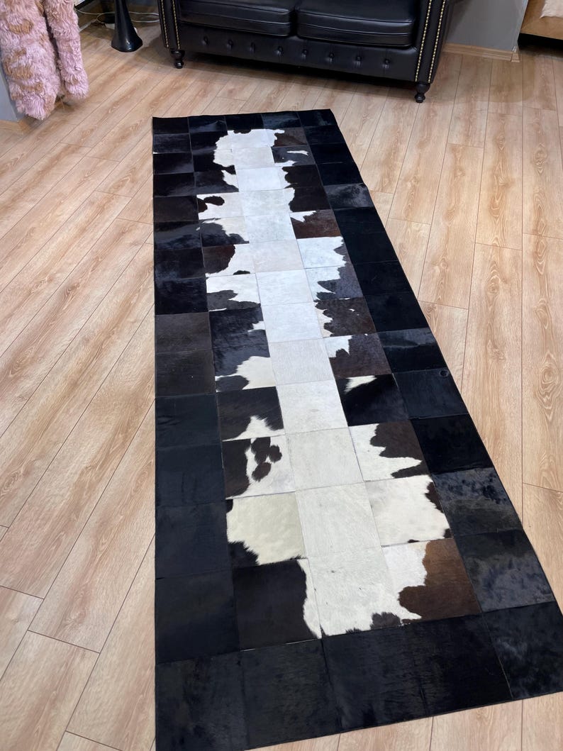 Handmade Cowhide Runner Rug, Leather Hallway Rug, Unique Brown Office ...