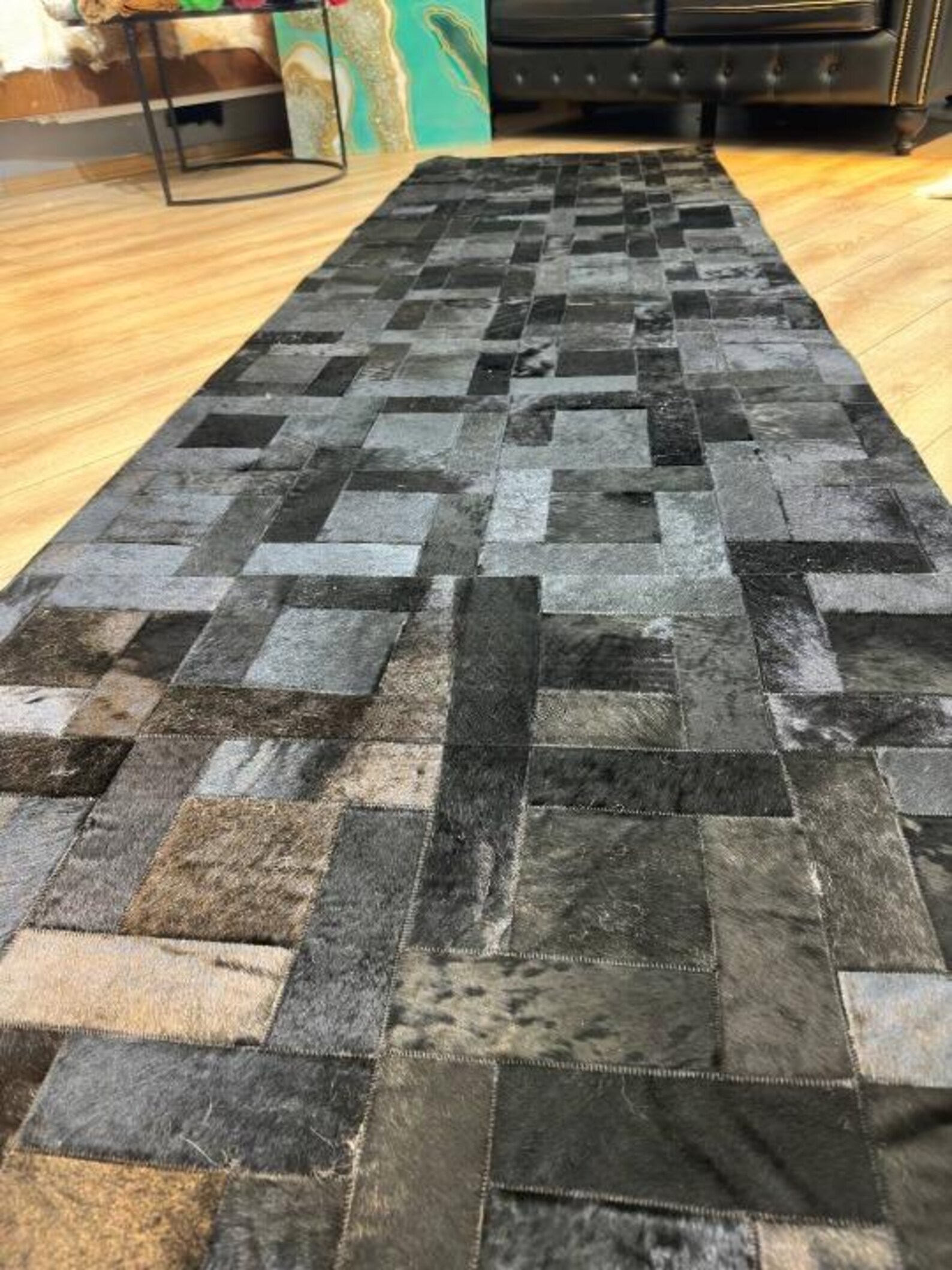 Handmade Cowhide Runner Rug | Leather Hallway Rug | Unique Black Office ...