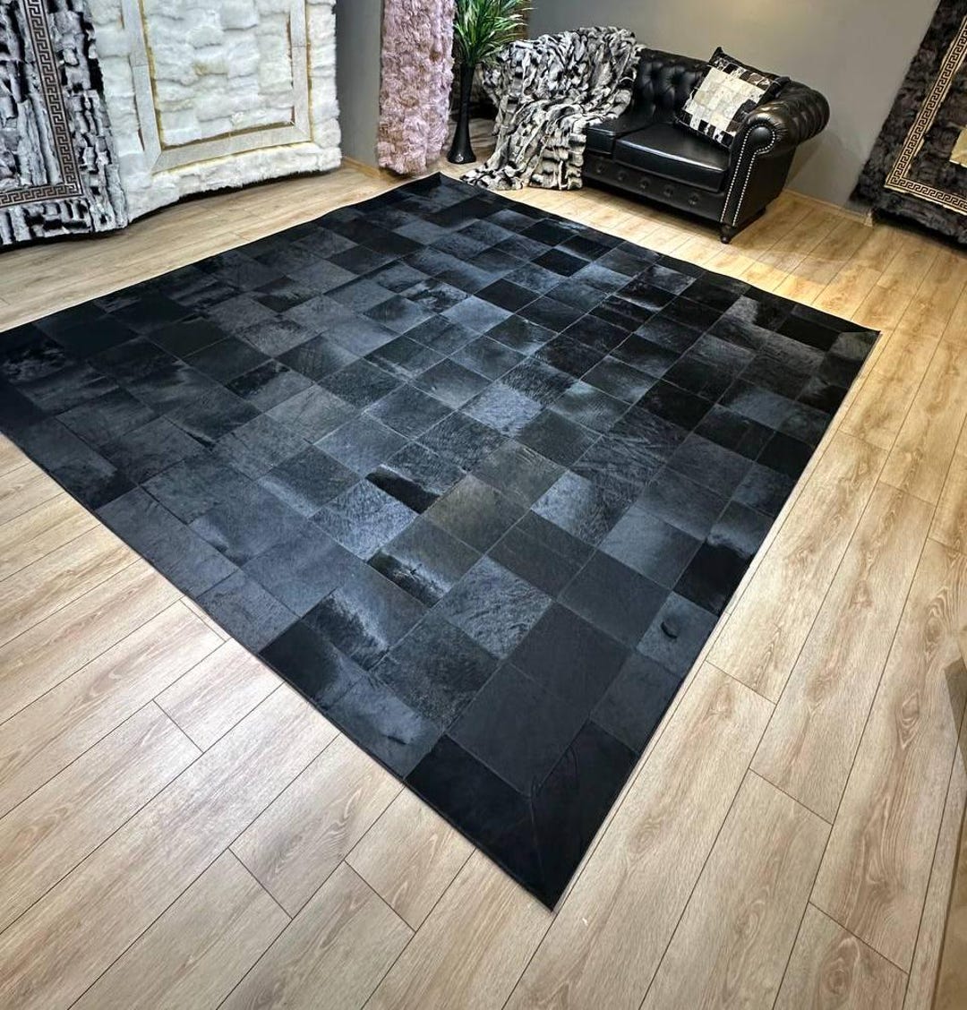 Black Cowhide Rug | Handmade Hair-on-hide Runner | Large Cow Skin Area ...