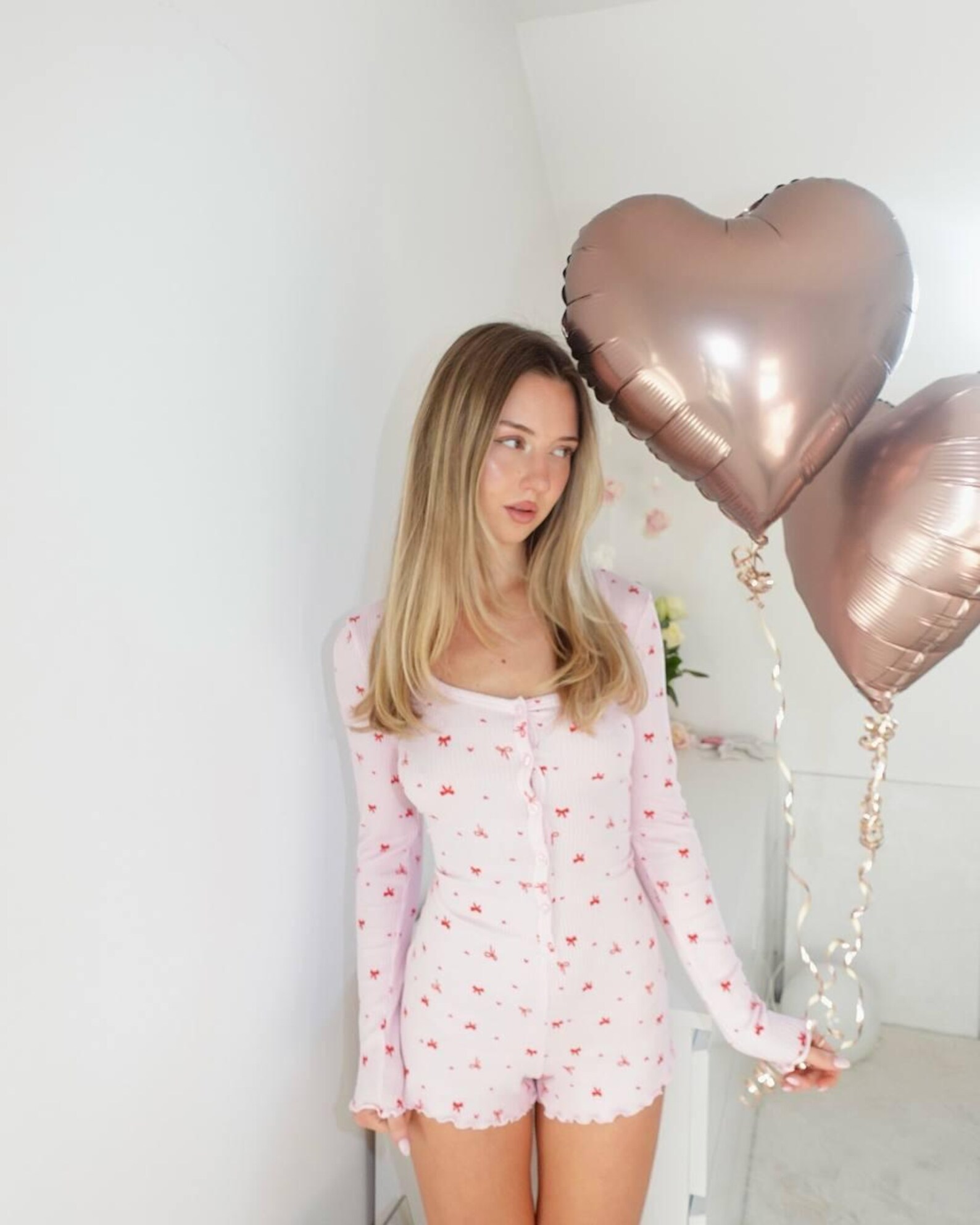 Cute Pink Knit Romper Pajama With Bow Print – Soft and Comfy Sleepwear ...