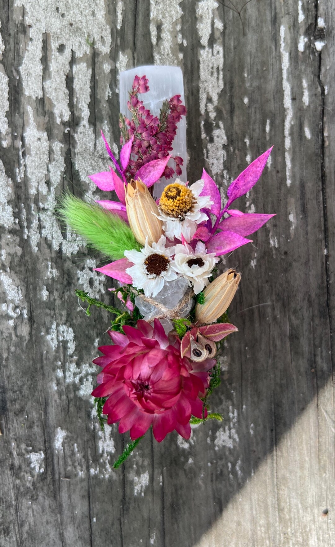 Pink Dried Flower Mini Selenite Wand With Pink Moth and Quartz Crystal ...